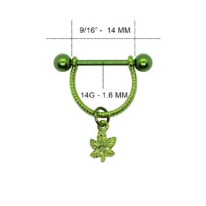 Pierce2GO 14G Stainless Steel Green Marijuana leaf Dangle Nipplerings Piercing Women 9/16" Barbell