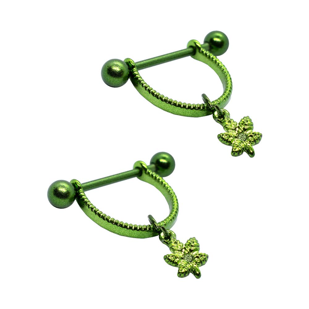 Pierce2GO 14G Stainless Steel Green Marijuana leaf Dangle Nipplerings Piercing Women 9/16" Barbell