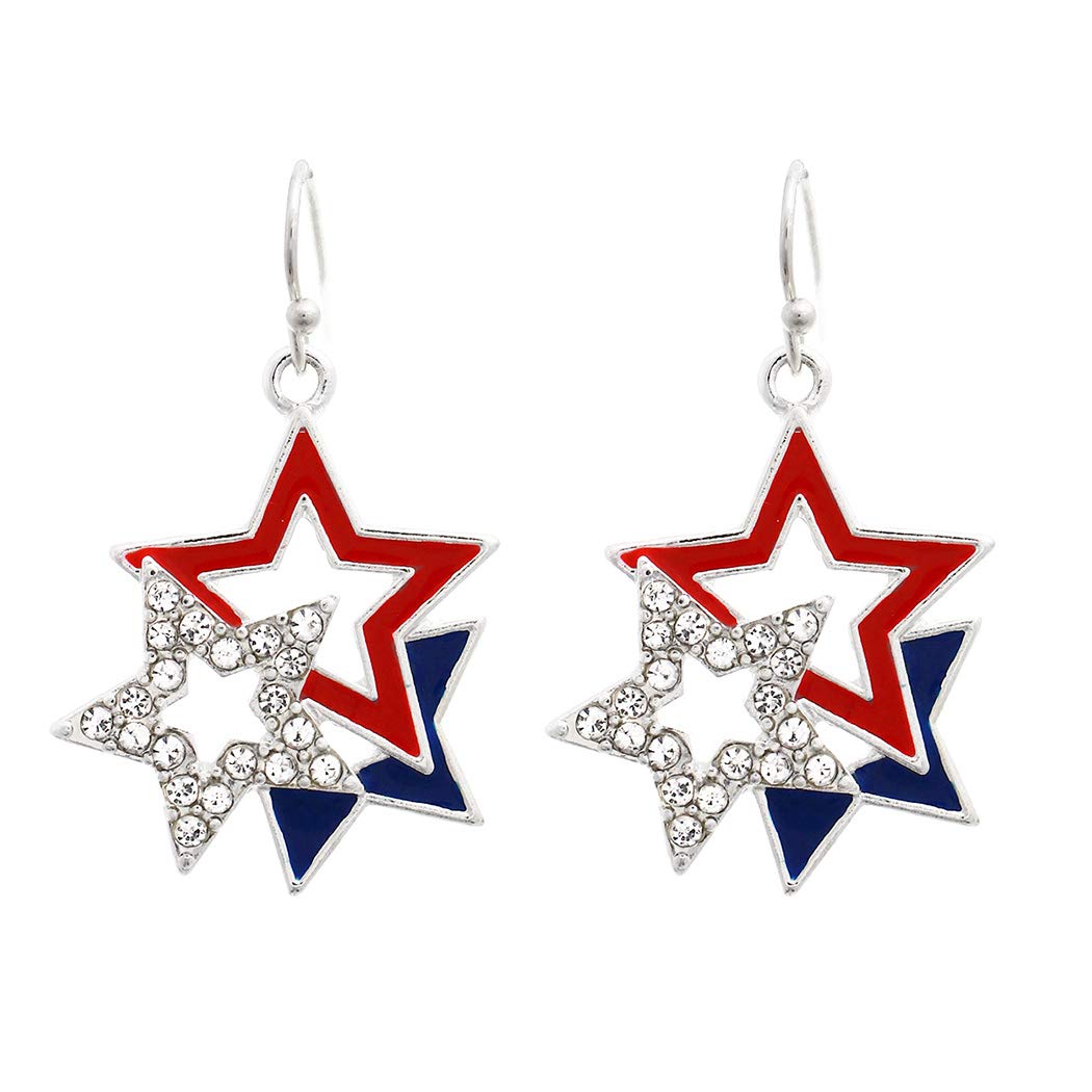 Rosemarie Collections Women's July 4th Red White And Blue USA American Flag Stars Patriotic Dangle Earrings, 1.44"