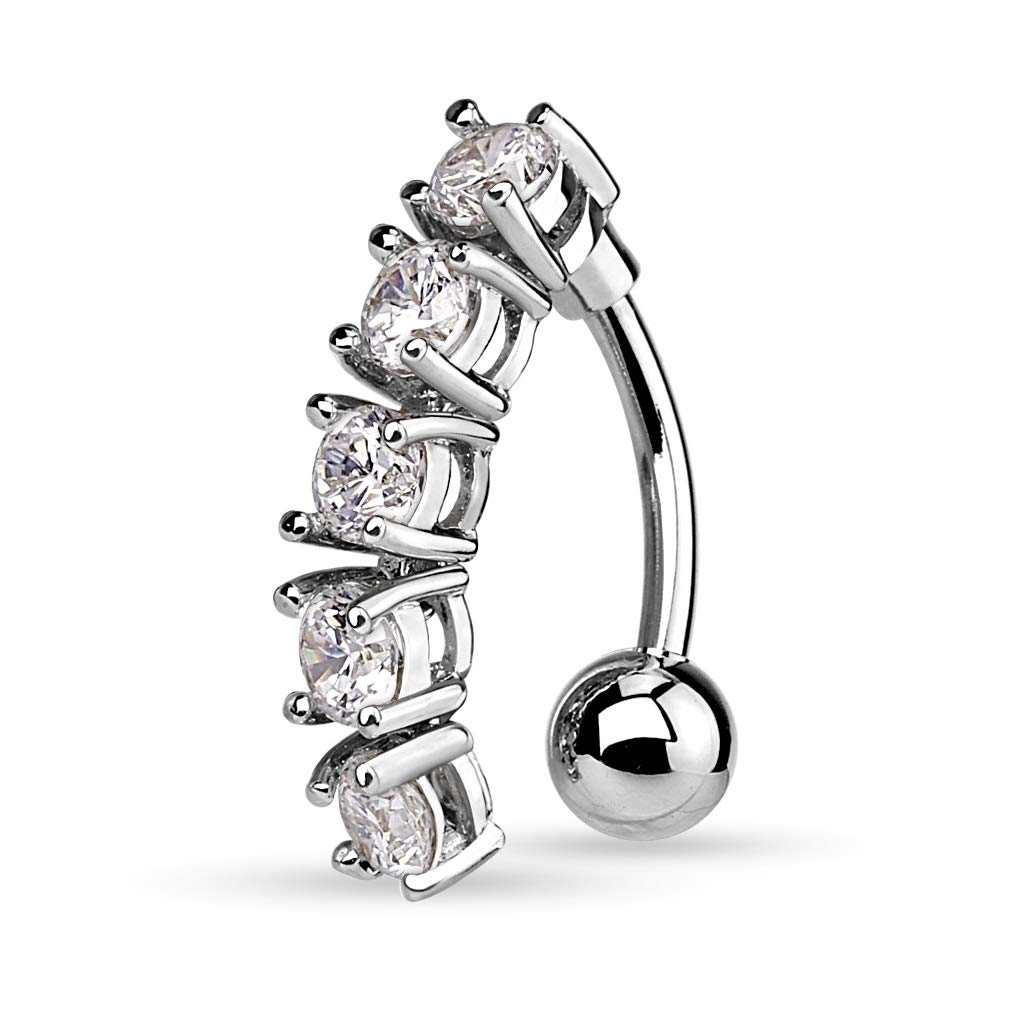 Pierced Owl 5 CZ Crystal Vertical Drop Reverse Belly Button Navel Ring (Silver Tone/Clear)