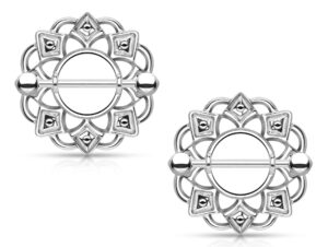 forbidden body jewelry pair of surgical steel tribal sun nipple ring shields, 5/8 inch barbells, silver tone