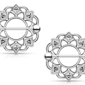 Forbidden Body Jewelry Pair of Surgical Steel Tribal Sun Nipple Ring Shields, 5/8 Inch Barbells, Silver Tone