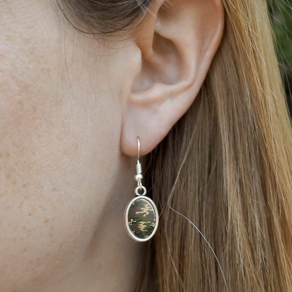 Green Camouflage Novelty Dangling Drop Oval Charm Earrings