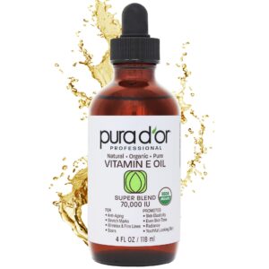 pura d'or 4 oz organic vitamin e oil blend 70,000 iu - 100% natural hexane free, sweet almond, apricot, jojoba, argan, rosehip, sunflower & avocado bath oil for scars, skin, face & full body