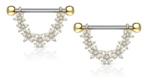 forbidden body jewelry pair of surgical steel 9/16 inch cz flower daisy chain dangle nipple barbells, gold tone