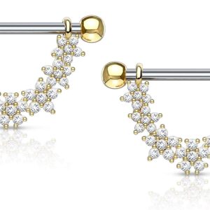 Forbidden Body Jewelry Pair of Surgical Steel 9/16 Inch CZ Flower Daisy Chain Dangle Nipple Barbells, Gold Tone