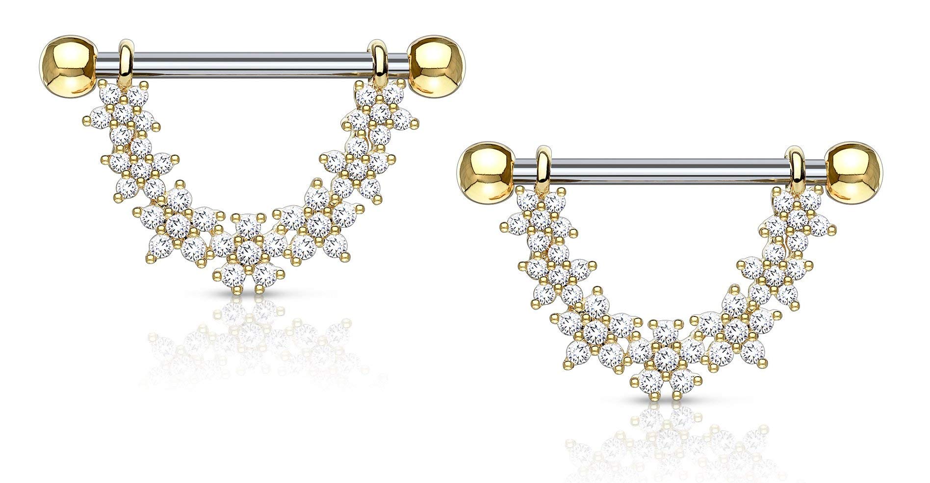 Forbidden Body Jewelry Pair of Surgical Steel 9/16 Inch CZ Flower Daisy Chain Dangle Nipple Barbells, Gold Tone