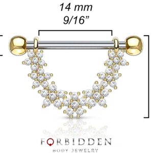 Forbidden Body Jewelry Pair of Surgical Steel 9/16 Inch CZ Flower Daisy Chain Dangle Nipple Barbells, Gold Tone