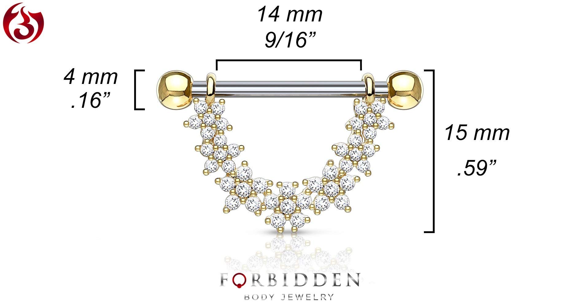 Forbidden Body Jewelry Pair of Surgical Steel 9/16 Inch CZ Flower Daisy Chain Dangle Nipple Barbells, Gold Tone