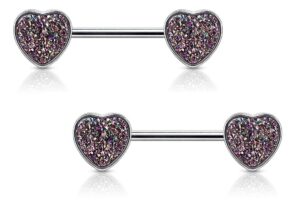 forbidden body jewelry pair of surgical steel 9/16 inch (14mm) synthetic druzy stone glitter effect heart nipple barbells, black