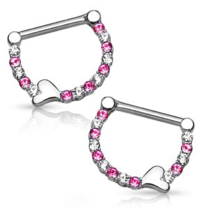 forbidden body jewelry pair of surgical steel 1/2 inch cz crystal lined sweetheart nipple ring clikers, clear/pink