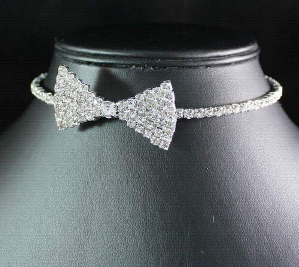 Janefashions Bow Tie Clear White Austrian Rhinestone Crystal Necklace Choker Party Gold Tone Silver Tone B1626 (Silver Tone)