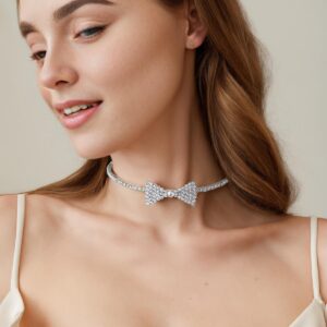 Janefashions Bow Tie Clear White Austrian Rhinestone Crystal Necklace Choker Party Gold Tone Silver Tone B1626 (Silver Tone)