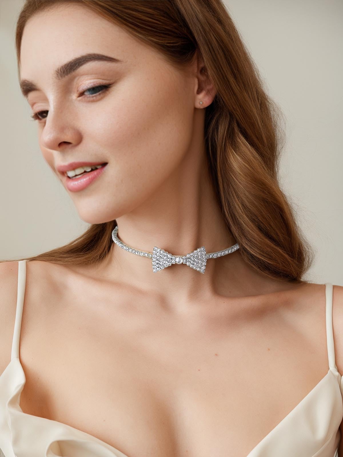 Janefashions Bow Tie Clear White Austrian Rhinestone Crystal Necklace Choker Party Gold Tone Silver Tone B1626 (Silver Tone)