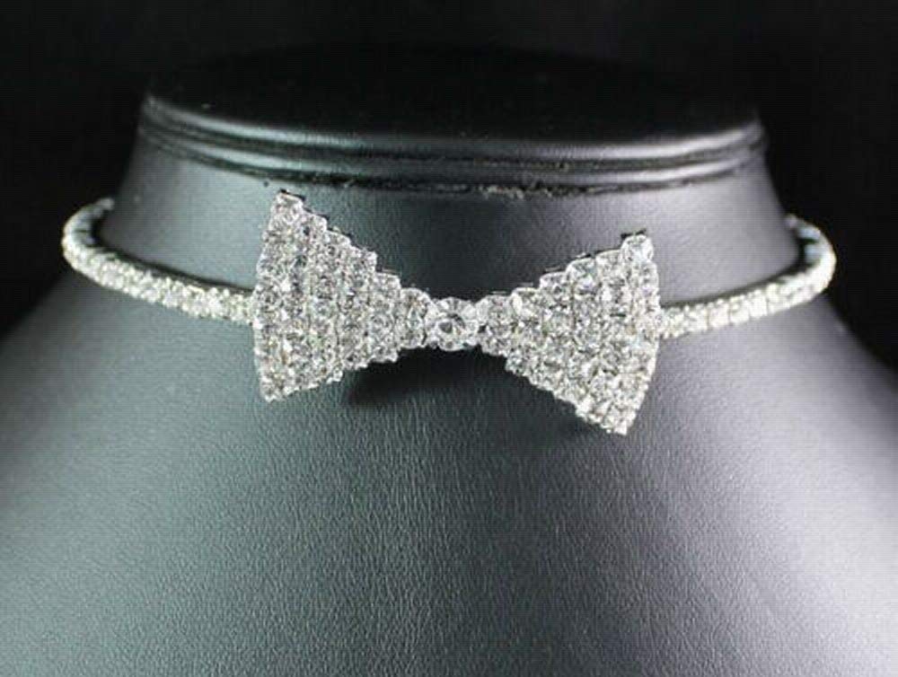 Janefashions Bow Tie Clear White Austrian Rhinestone Crystal Necklace Choker Party Gold Tone Silver Tone B1626 (Silver Tone)