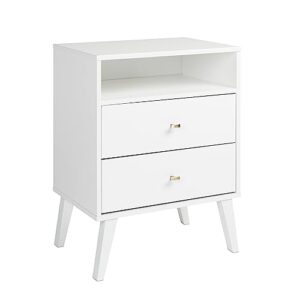 prepac milo mid-century modern 2 drawer nightstand with open shelf, 16"d x 22.5"w x 29.5"h, white