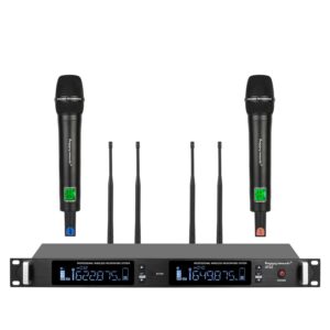 happymusic professional uhf wireless microphone system, 2 channel metal microphone set of 2 handheld cordless mics, auto scan, up to 350ft for singing, home karaoke, church, wedding (ut22)