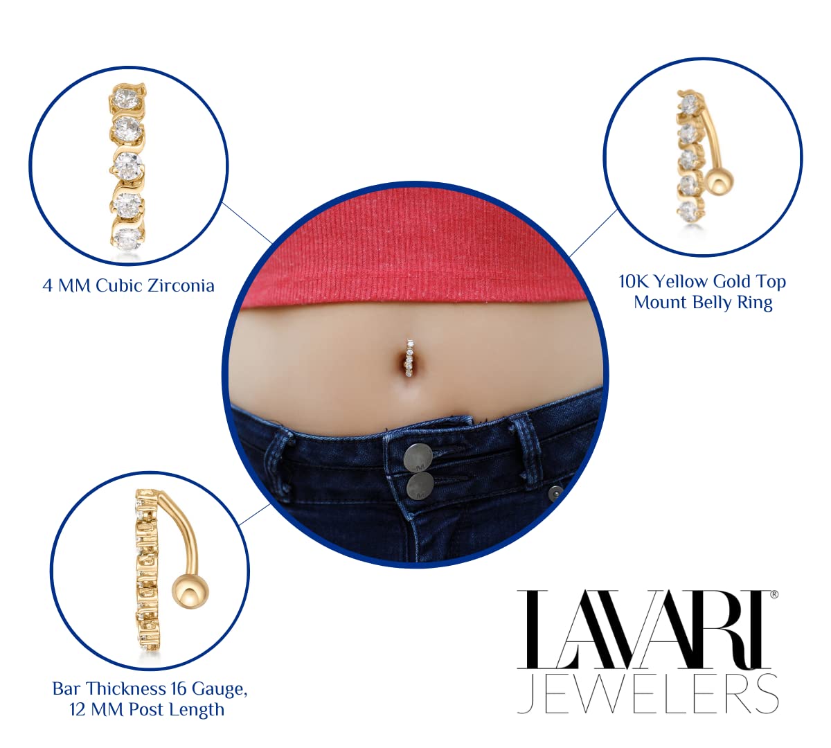 Lavari Jewelers 16 Gauge Top Mount Belly Ring for Women in 10k Yellow Gold with Cubic Zirconia 12 mm Post Length