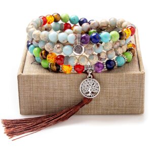 addmluck 108 mala beads meditation necklace 7 chakra tree of life pendant necklace prayer buddha beaded bracelets healing stone yoga necklace for men and women jewelry(shoushan stone)