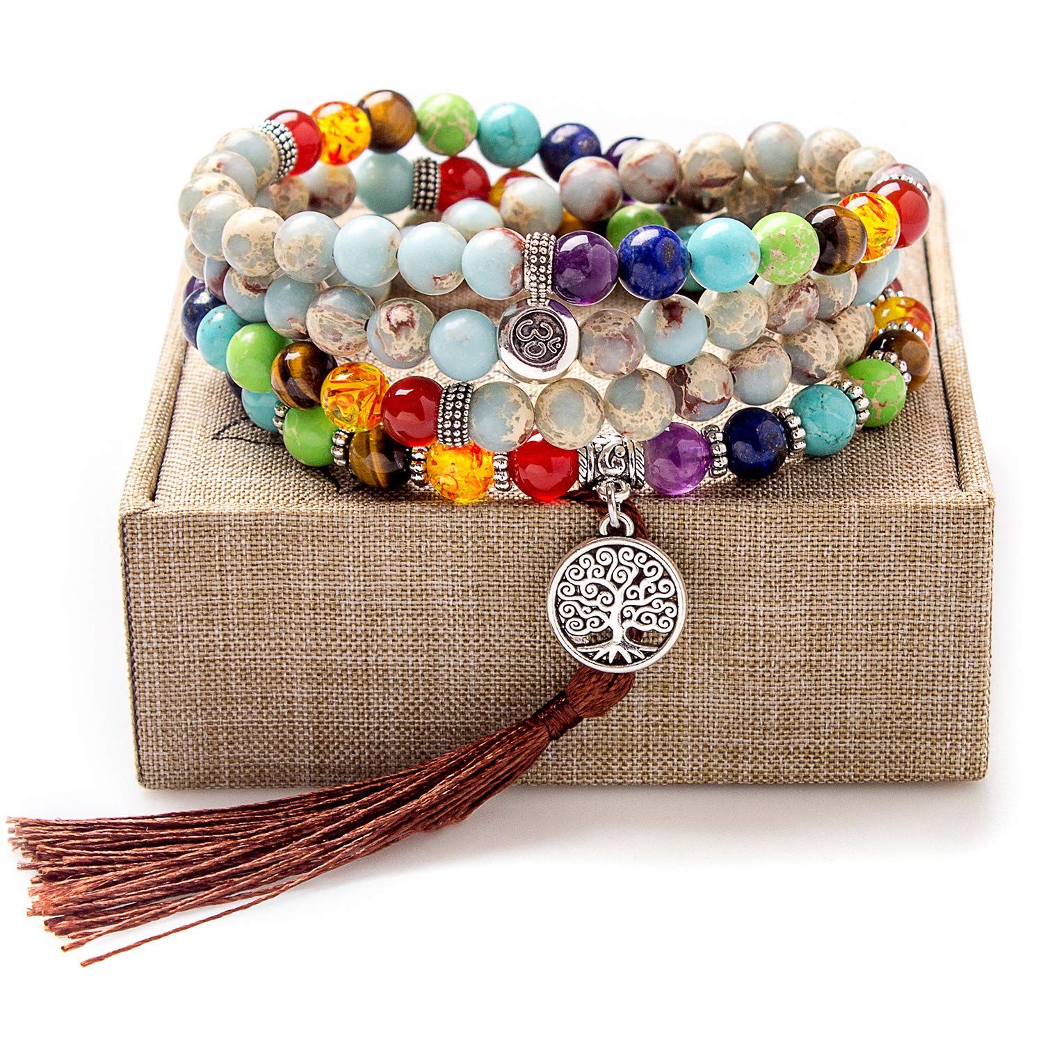 Addmluck 108 Mala Beads Meditation Necklace 7 Chakra Tree of Life Pendant Necklace Prayer Buddha Beaded Bracelets Healing Stone Yoga Necklace for Men and Women Jewelry(shoushan stone)