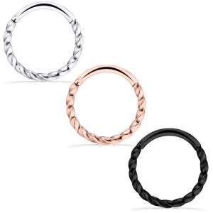 scerring 3pcs 16g stainless steel hinged clicker segment septum nose lip ring hoop cartilage tragus sleeper earrings body piercing jewelry braided 10mm mix color