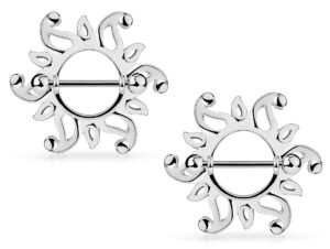 forbidden body jewelry pair of surgical steel sexy tribal sun nipple piercing shields, 9/16 inch barbells, silver tone