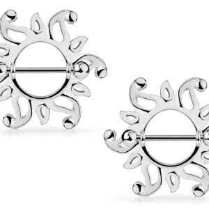 Forbidden Body Jewelry Pair of Surgical Steel Sexy Tribal Sun Nipple Piercing Shields, 9/16 Inch Barbells, Silver Tone