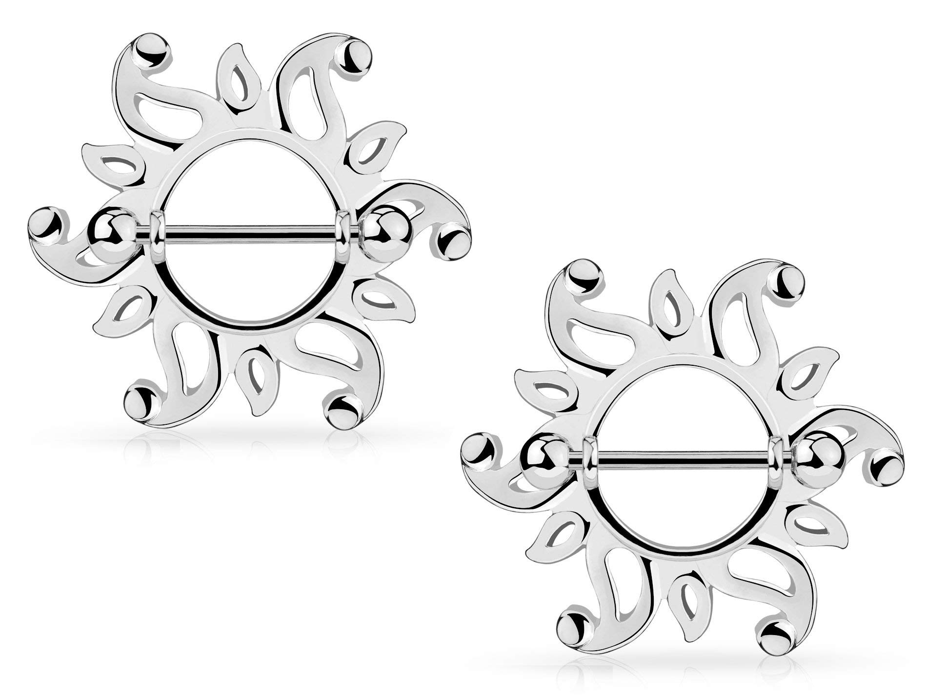 Forbidden Body Jewelry Pair of Surgical Steel Sexy Tribal Sun Nipple Piercing Shields, 9/16 Inch Barbells, Silver Tone