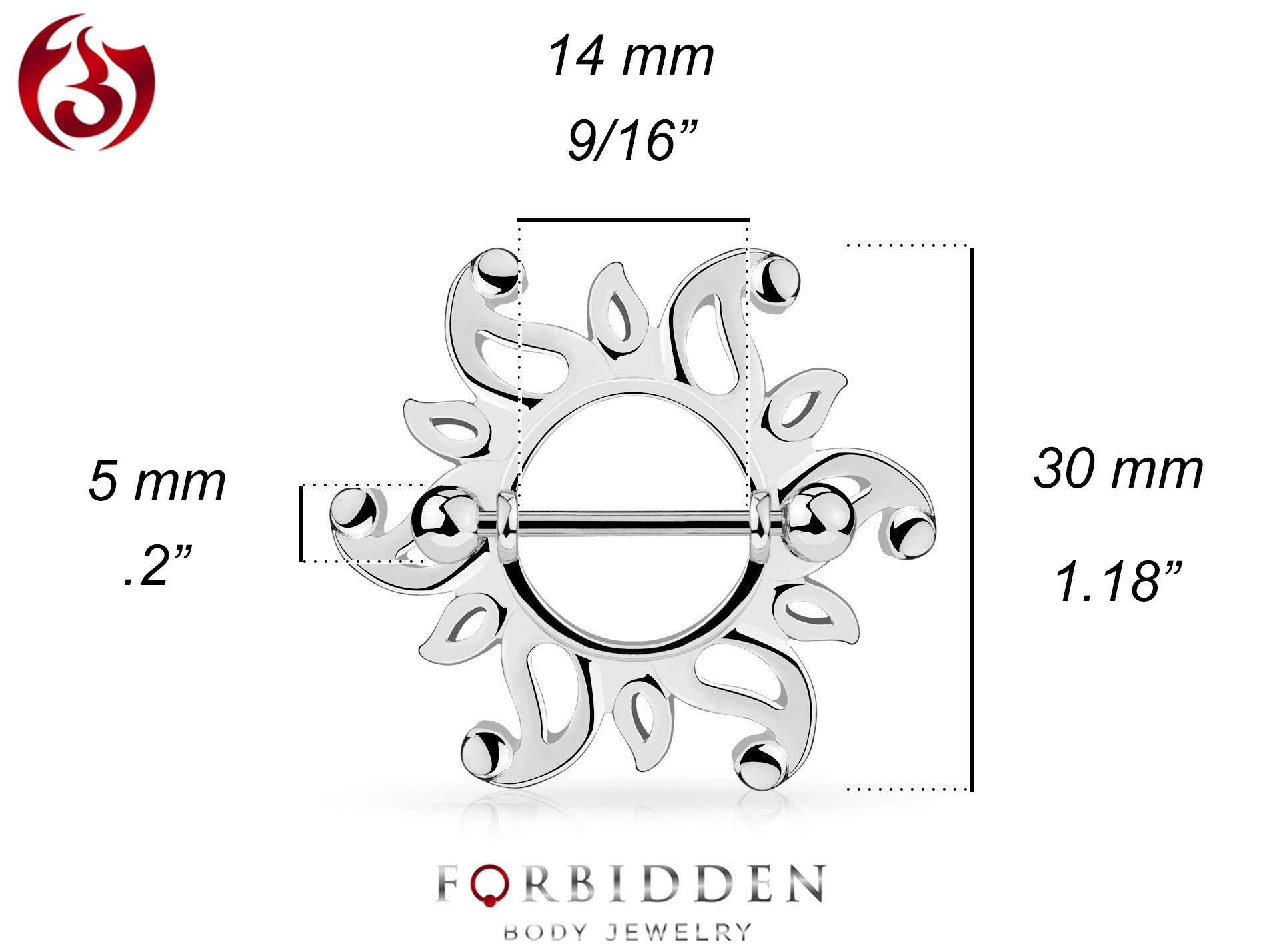 Forbidden Body Jewelry Pair of Surgical Steel Sexy Tribal Sun Nipple Piercing Shields, 9/16 Inch Barbells, Silver Tone