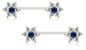 forbidden body jewelry pair of surgical steel 5/8 inch 7-cz posh flower nipple barbells, clear/blue (gold tone)