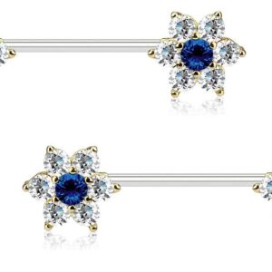 Forbidden Body Jewelry Pair of Surgical Steel 5/8 Inch 7-CZ Posh Flower Nipple Barbells, Clear/Blue (Gold Tone)