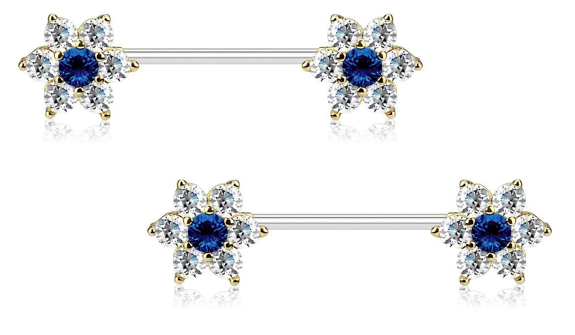 Forbidden Body Jewelry Pair of Surgical Steel 5/8 Inch 7-CZ Posh Flower Nipple Barbells, Clear/Blue (Gold Tone)