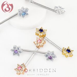 Forbidden Body Jewelry Pair of Surgical Steel 5/8 Inch 7-CZ Posh Flower Nipple Barbells, Clear/Blue (Gold Tone)