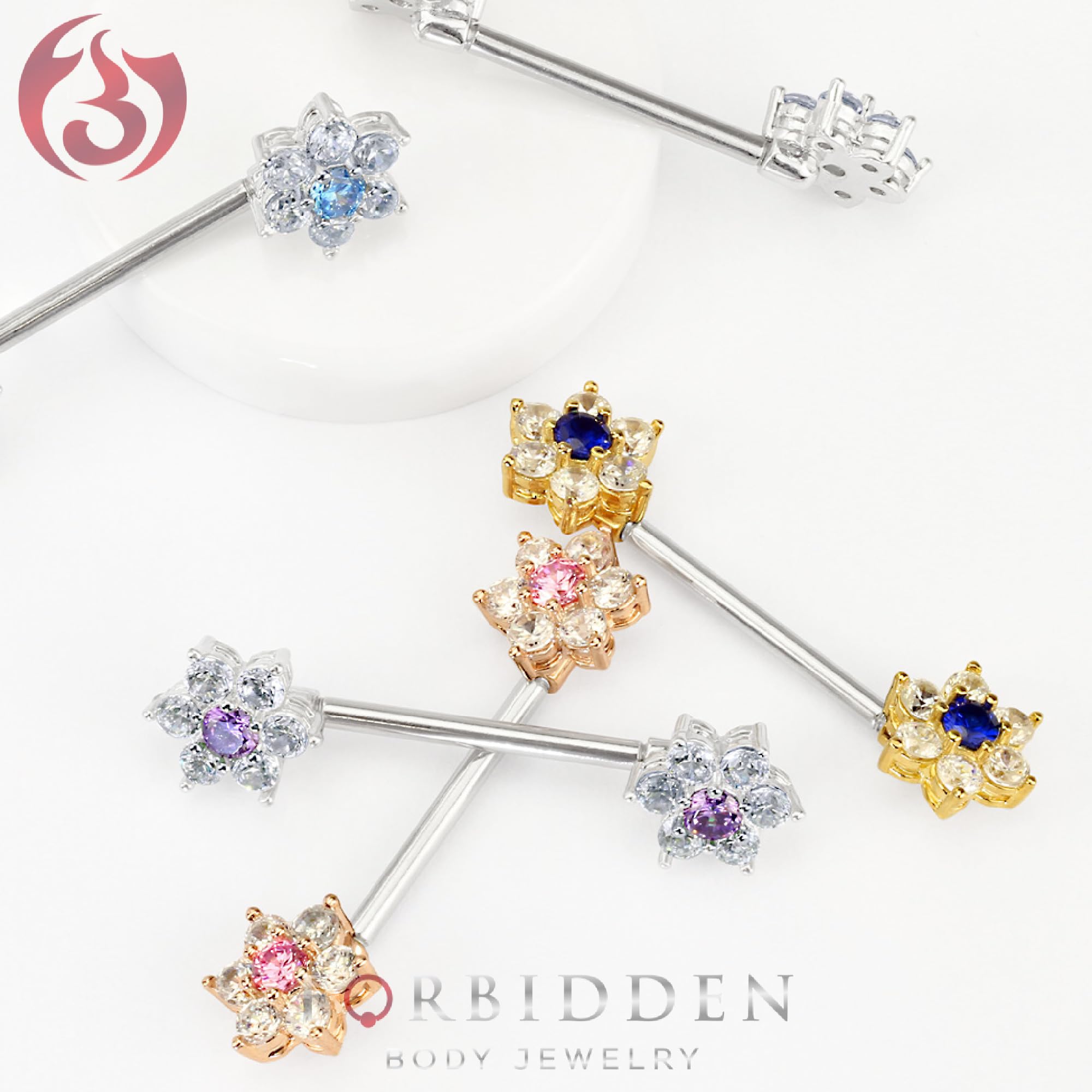 Forbidden Body Jewelry Pair of Surgical Steel 5/8 Inch 7-CZ Posh Flower Nipple Barbells, Clear/Blue (Gold Tone)