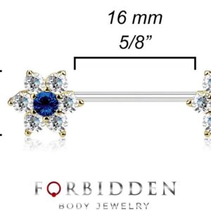 Forbidden Body Jewelry Pair of Surgical Steel 5/8 Inch 7-CZ Posh Flower Nipple Barbells, Clear/Blue (Gold Tone)