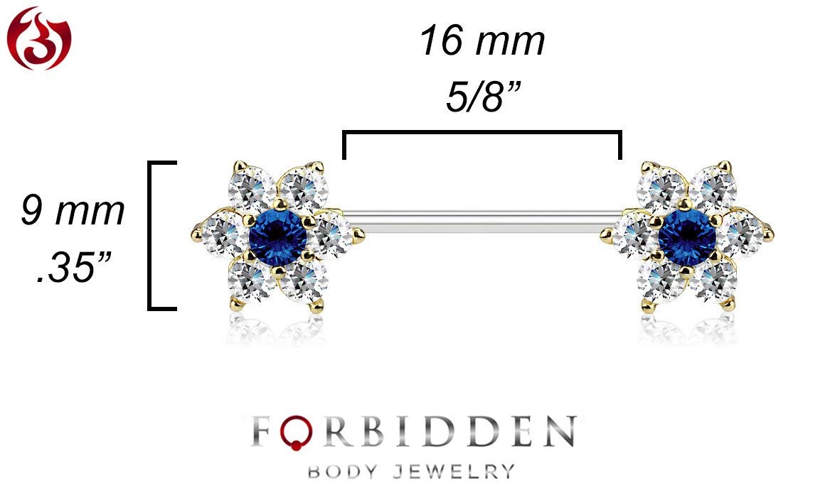 Forbidden Body Jewelry Pair of Surgical Steel 5/8 Inch 7-CZ Posh Flower Nipple Barbells, Clear/Blue (Gold Tone)