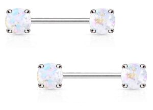 forbidden body jewelry pair of surgical steel 9/16 inch (14mm) glittery faux opal stone sexy nipple barbells, clear