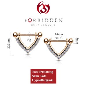 Forbidden Body Jewelry Pair of Surgical Steel 9/16 Inch (14mm) CZ Lined Black Accent Sexy Dangle Nipple Rings, Rose Gold Tone