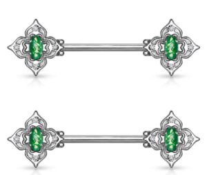 forbidden body jewelry pair of surgical steel 9/16 inch posh floral synthetic opal center nipple barbells, dark green