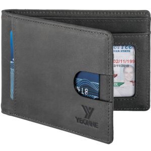 ybonne rfid blocking slim bifold wallets for men, made of finest genuine leather (waxy full-grain pebble grey)