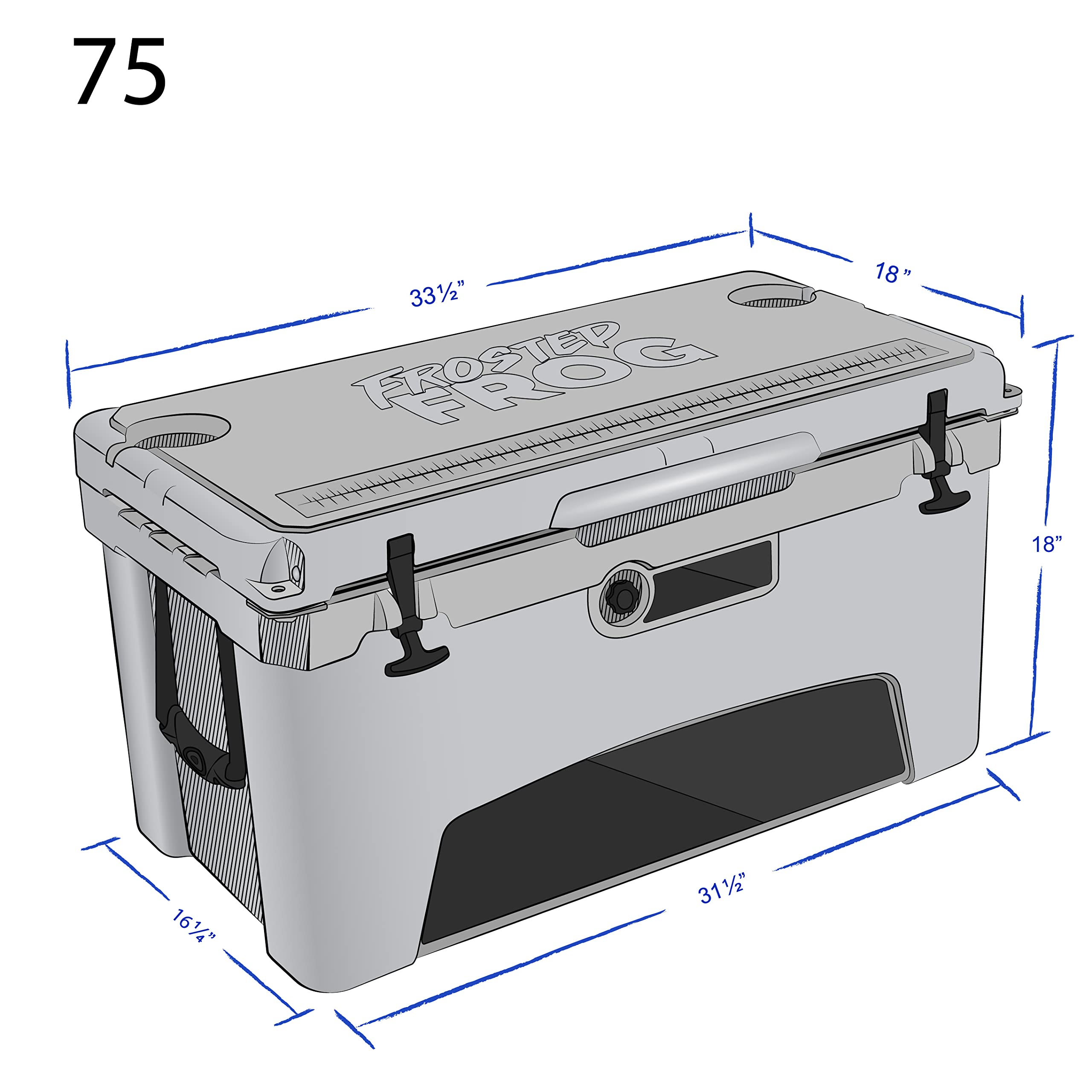 Frosted Frog Gray 75 Quart Ice Chest Heavy Duty High Performance Roto-Molded Commercial Grade Insulated Cooler