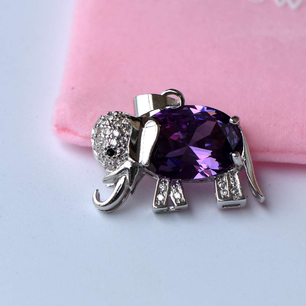 WIBERN Good Luck Memorial Keeps 18K White Gold Plated Purple Shine Crystal CZ Elephant Pendant Women Dainty Necklace Noble Jewerly (Purple)