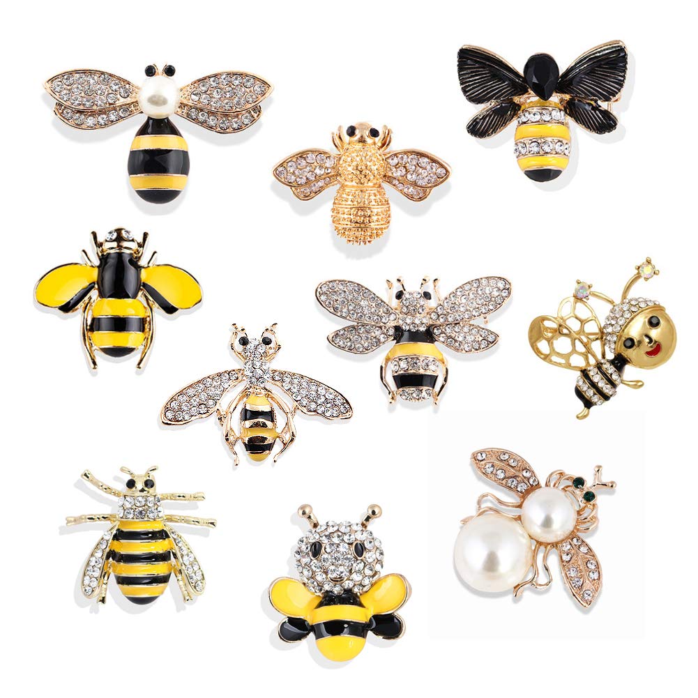 Set of 10 Fashion Enamel Crystal Rhinestones Bee Themed Brooch Pin Jewelry Lapel Pins for Clothes Collar Dress Scarf Bag Decoration