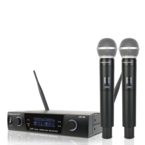 happymusic professional uhf 2 channel wireless microphone system, cordless handheld mic set, 150ft range perfect for dj, church, wedding, event, gigs, singing, home karaoke, black (uk-38)