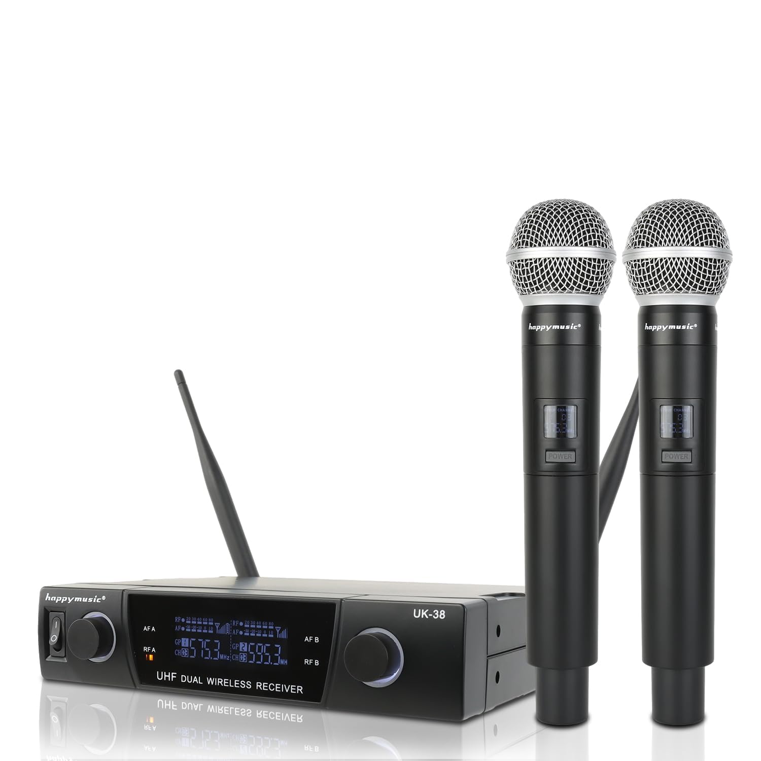 happymusic Professional UHF 2 Channel Wireless Microphone System, Cordless Handheld Mic Set, 150ft Range Perfect for DJ, Church, Wedding, Event, Gigs, Singing, Home Karaoke, Black (UK-38)