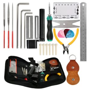 timesetl guitar repairing tool kit with wire plier, string organizer, fingerboard protector, hex wrenches, files, string action ruler, spanner wrench, bridge pins for guitar ukulele bass mandol