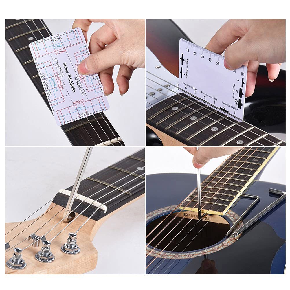 TIMESETL Guitar Repairing Tool Kit with Wire Plier, String Organizer, Fingerboard Protector, Hex Wrenches, Files, String Action Ruler, Spanner Wrench, Bridge Pins for Guitar Ukulele Bass Mandol