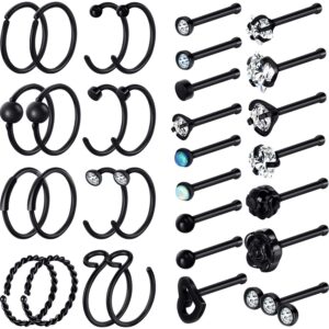 chinco 32 pieces c-shaped nose ring bone stud hoop tragus nose studs bone curved hoop tragus cartilage hoop piercing (black)