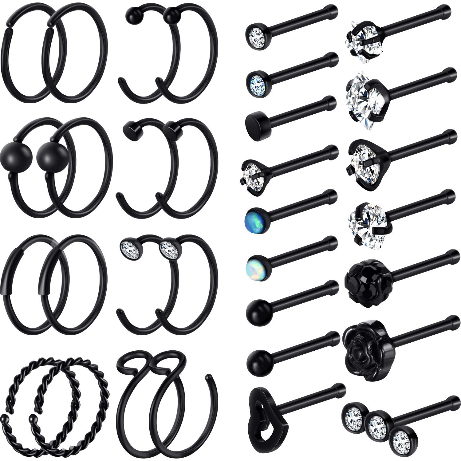 Chinco 32 Pieces C-shaped Nose Ring Bone Stud Hoop Tragus Nose Studs Bone Curved Hoop Tragus Cartilage Hoop Piercing (Black)