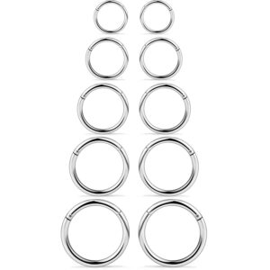 SCERRING 10PCS 16G Stainless Steel Hinged Clicker Segment Septum Nose Lip Ring Hoop Nipple Cartilage Tragus Sleeper Earrings Body Piercing Jewelry 8mm 10mm 12mm 14mm 16mm Silver